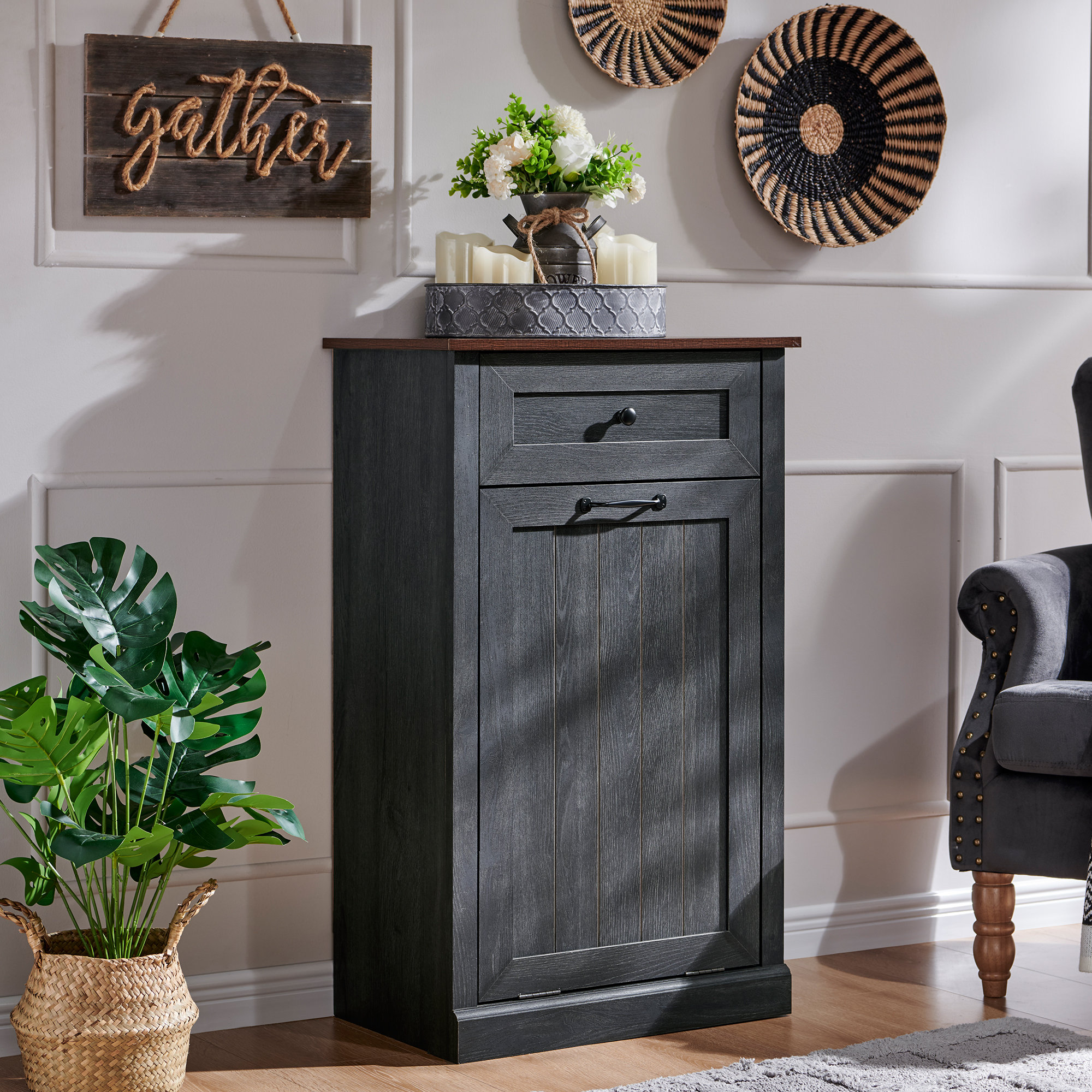 Dongguan Shengye Development Co. LTD. Farmhouse Tilt Out Trash Can Cabinet Dog Proof Trash Can Cabinet with Storage Basket for Kitchen Reviews Wayfair